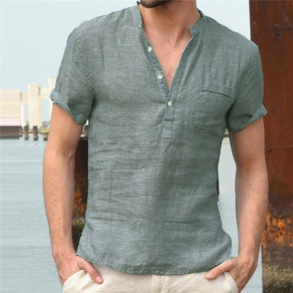 Wiaofellas Men's Flax Linen T-Shirt Casual V-Neck Button Down T-Shirts